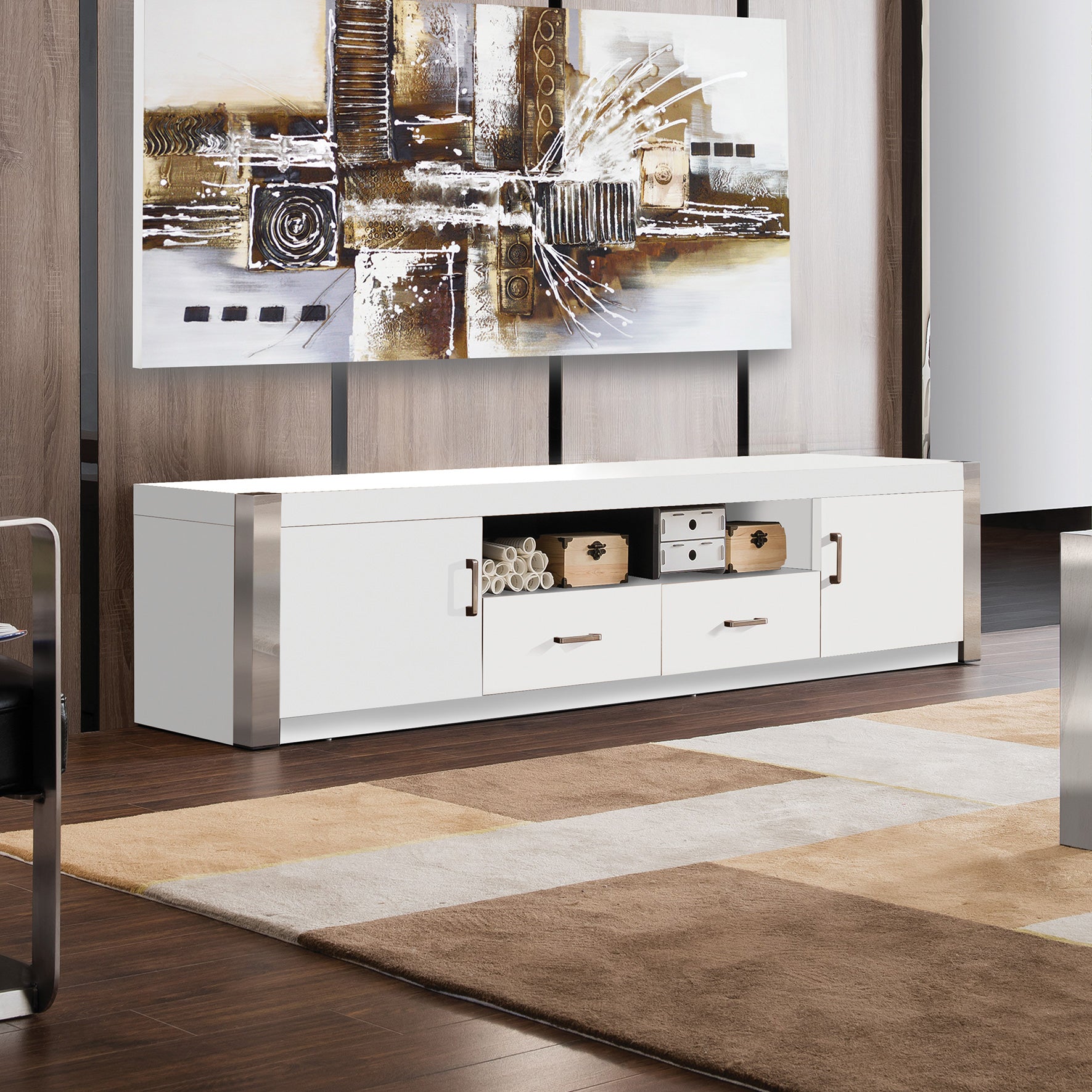 79 TV 2199 WT White TV Stand Console High Gloss MDF 2 Doors 2 Drawers Chrome Corners Modern Living Room